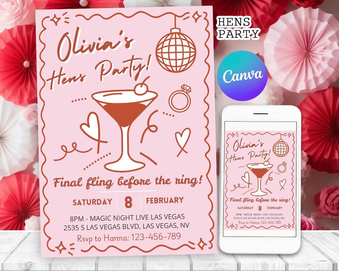 Hens Party Invitation, Pink Red Cocktail Hand Drawn Bachelorette Hen ...