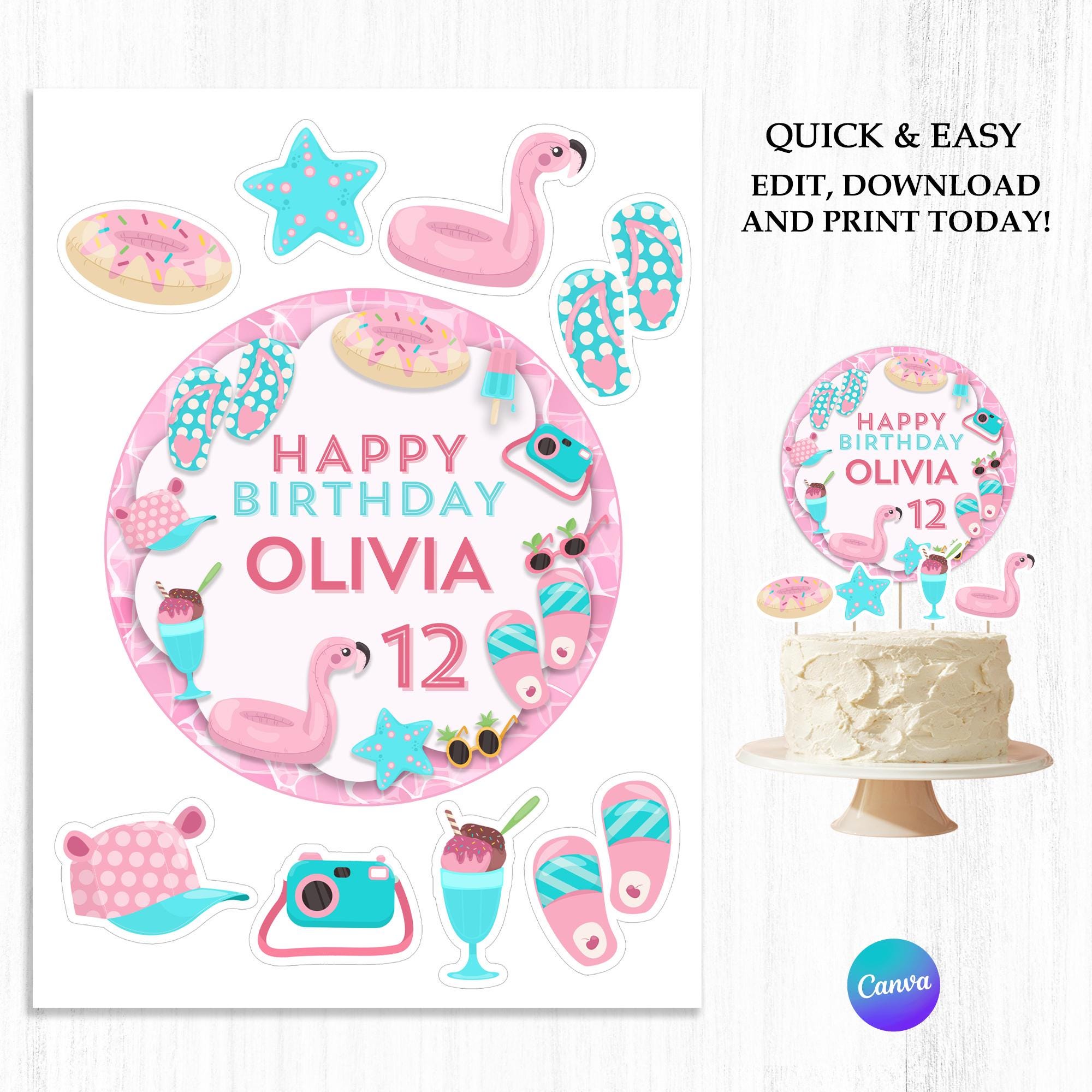 Pink Pool Party Cake Topper, Pink Girls Swim Party Cake Decorations ...