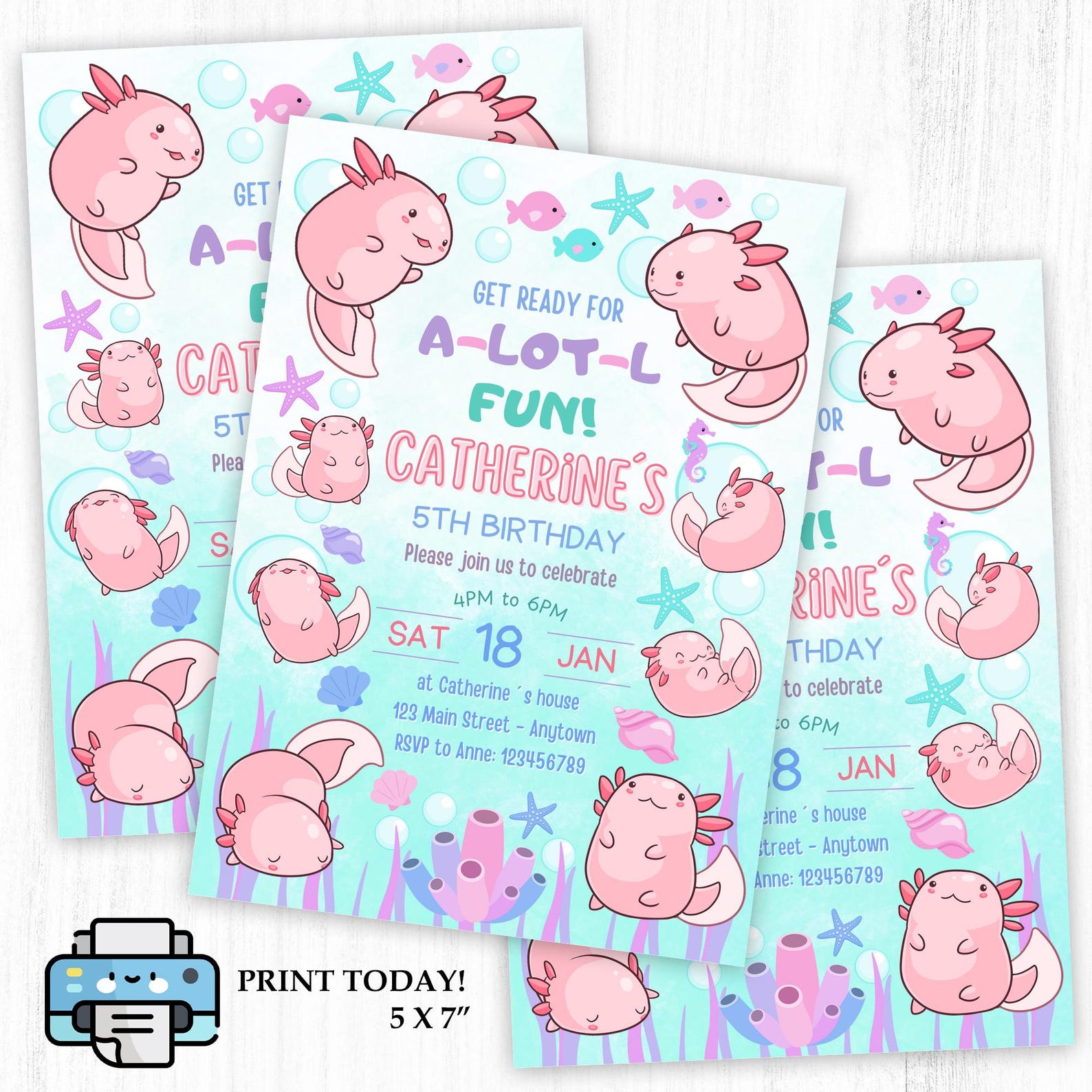 Axolotl Invitation, Cute Pink Axolotl Party Invite, Axolotl Birthday ...