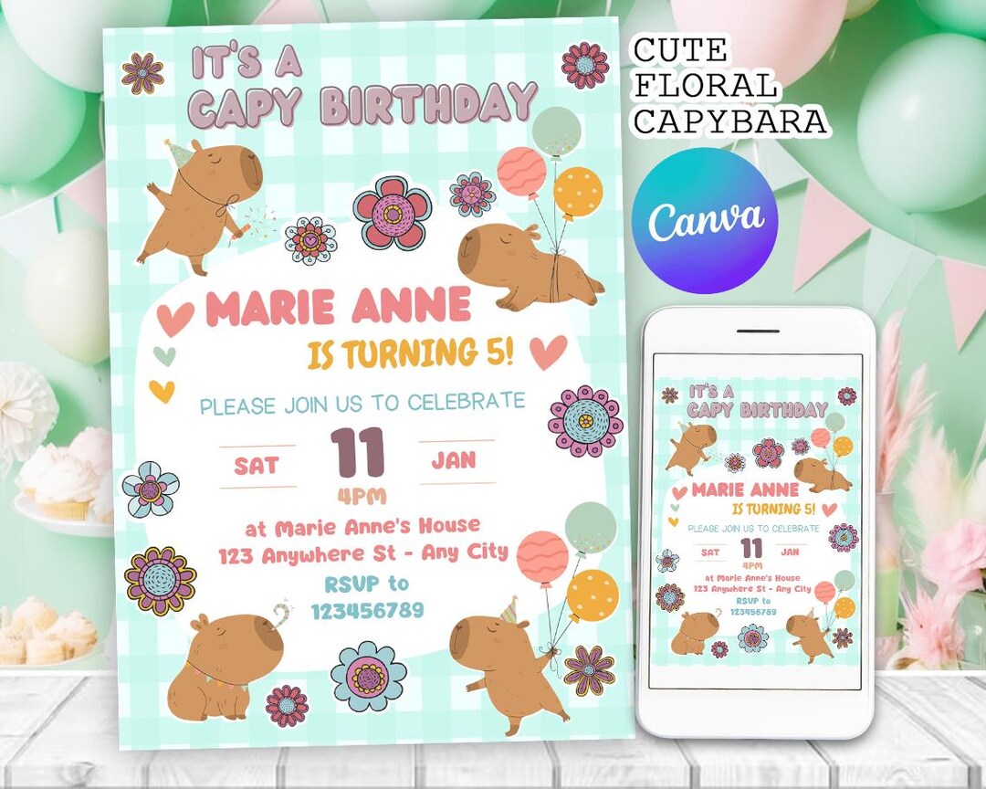 Capybara Birthday Invitation, Cute Floral Capybara Party Invite, Fun ...
