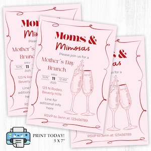 Moms And Mimosas Invitation, Pink Red Hand Drawn Mothers Day Brunch ...