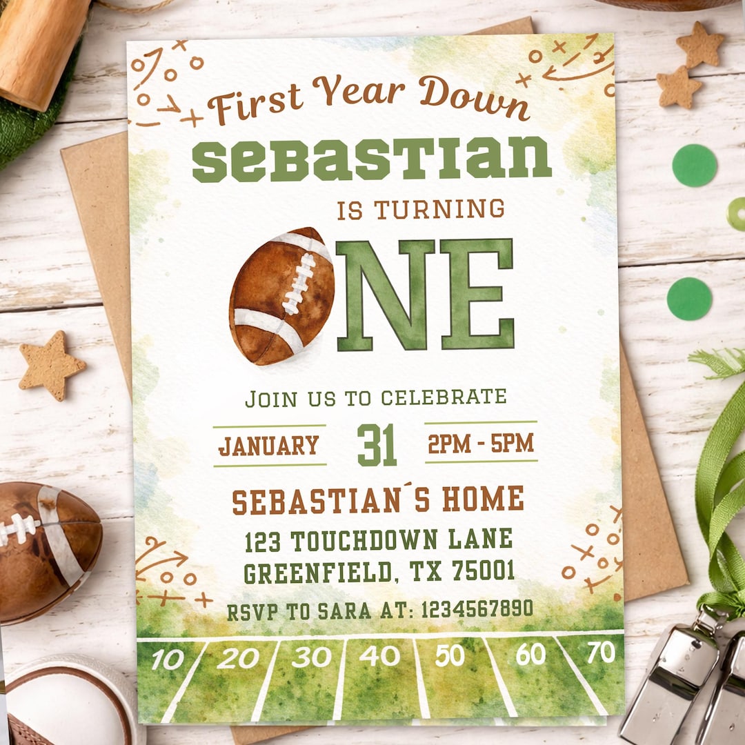 First Year Down Football Birthday Invitation: Sports 1st Party Invite ...