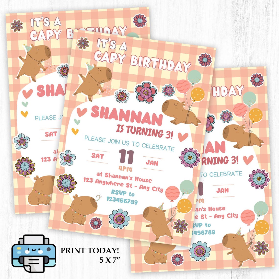 Capybara Birthday Invitation, Cute Floral Capybara Party Invite, Girl ...