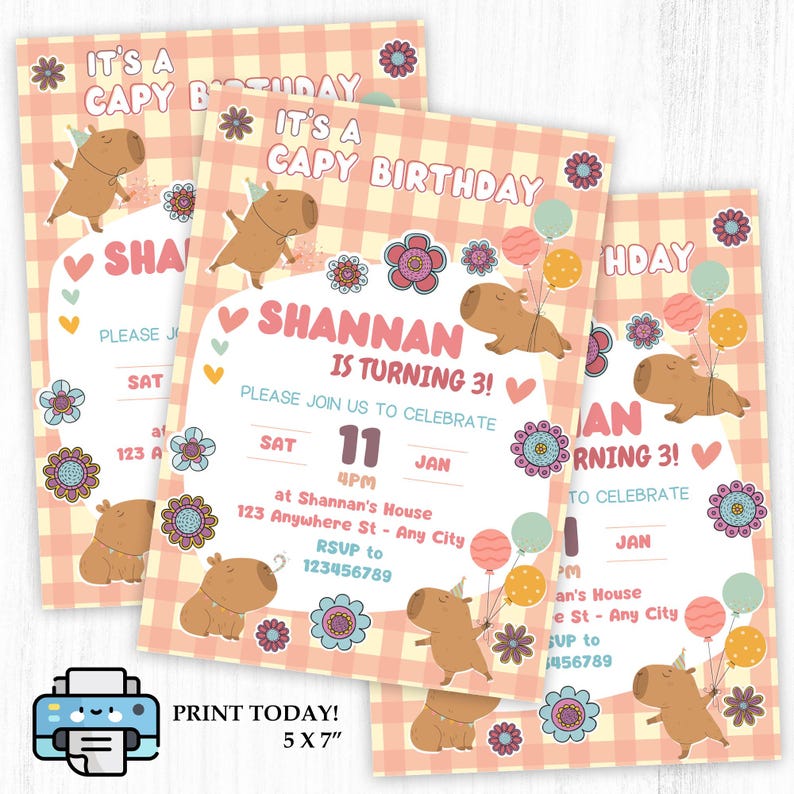 Capybara Birthday Invitation, Cute Floral Capybara Party Invite, Girl ...