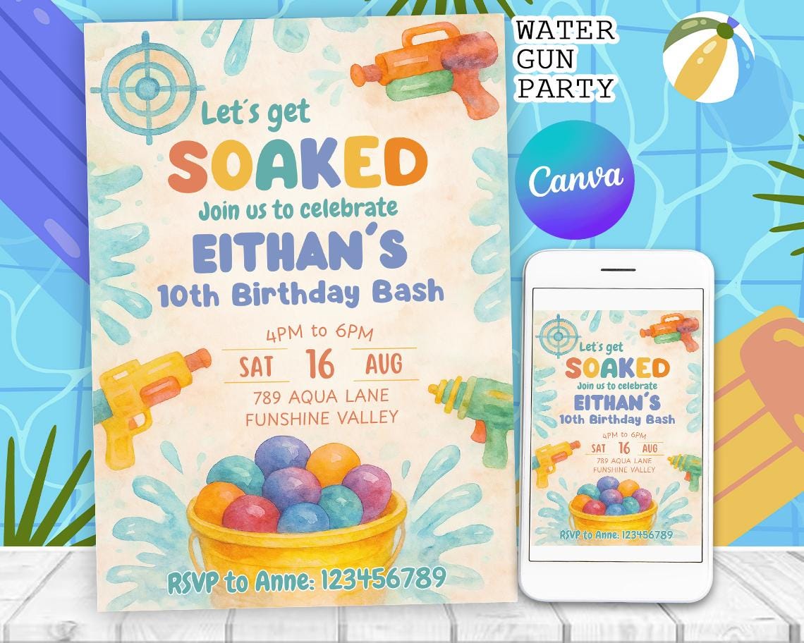 Editable Water Gun Birthday Invitation Canva Template, 5 X 7 In ...