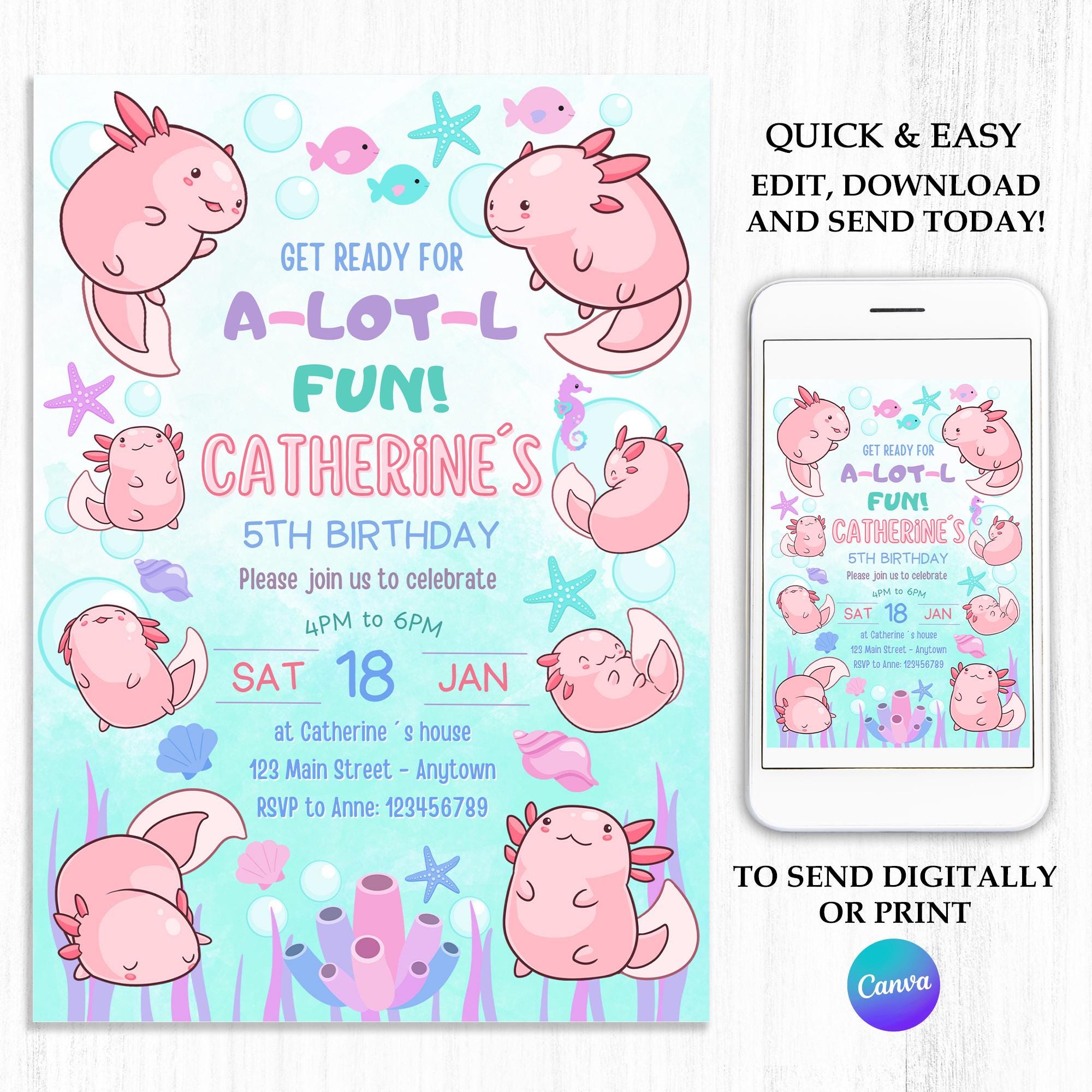 Axolotl Invitation, Cute Pink Axolotl Party Invite, Axolotl Birthday ...