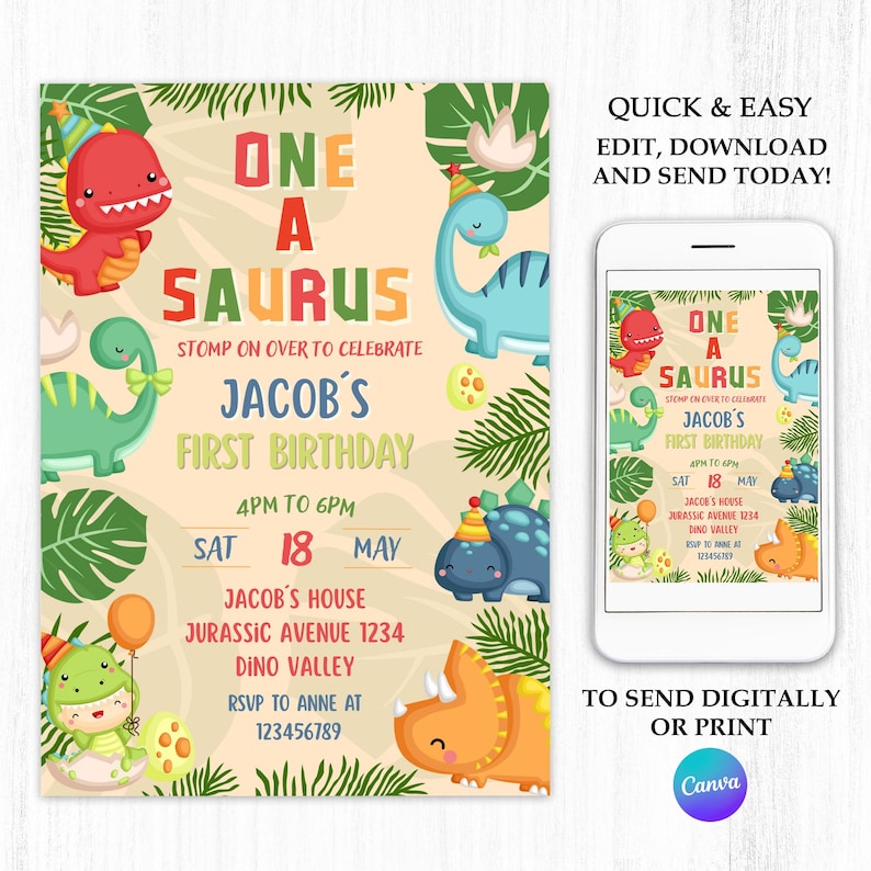 Dinosaur Birthday Invitation: One a Saurus Party Invite (editable Canva ...