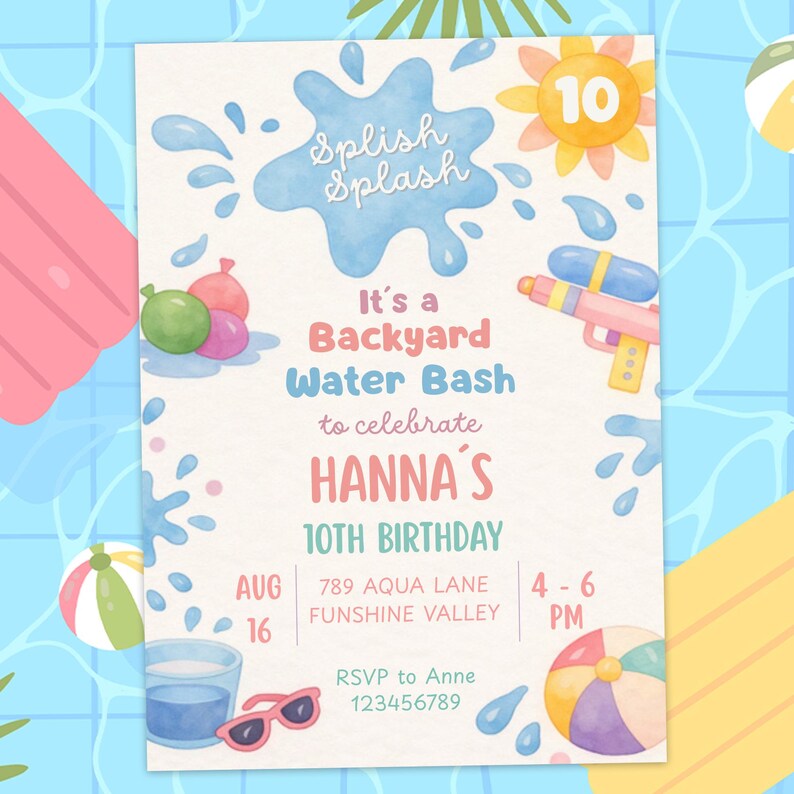 Water Gun Birthday Invitation, Girl Summer Splish Splash Party Invite ...