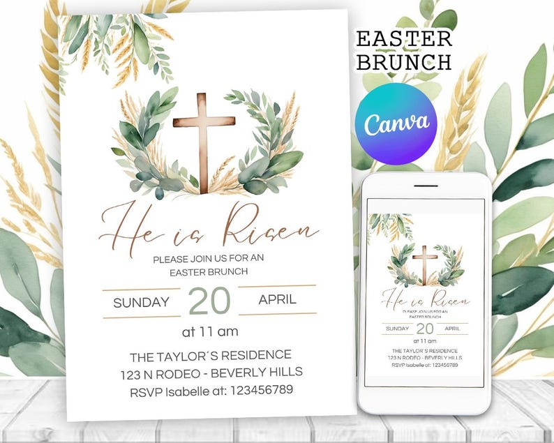 Easter Brunch Invitation Template, He is Risen Invite, Church Dinner ...
