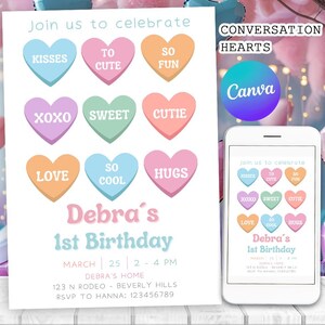 Conversation Hearts Birthday Invitation, Sweetheart Candy Hearts Party ...