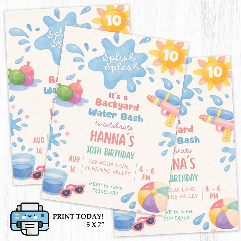 Water Gun Birthday Invitation, Girl Summer Splish Splash Party Invite ...
