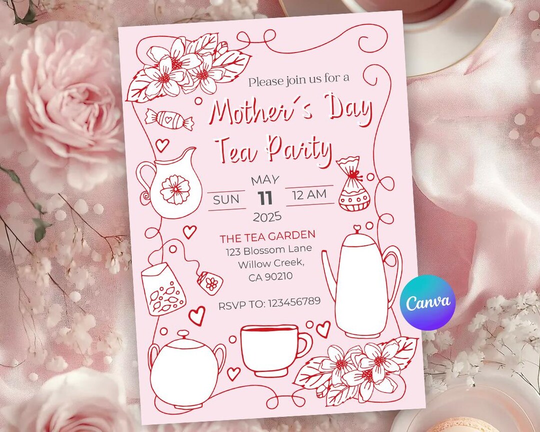 Mothers Day Tea Party Invitation: Hand Drawn Floral Invite Pink Red ...