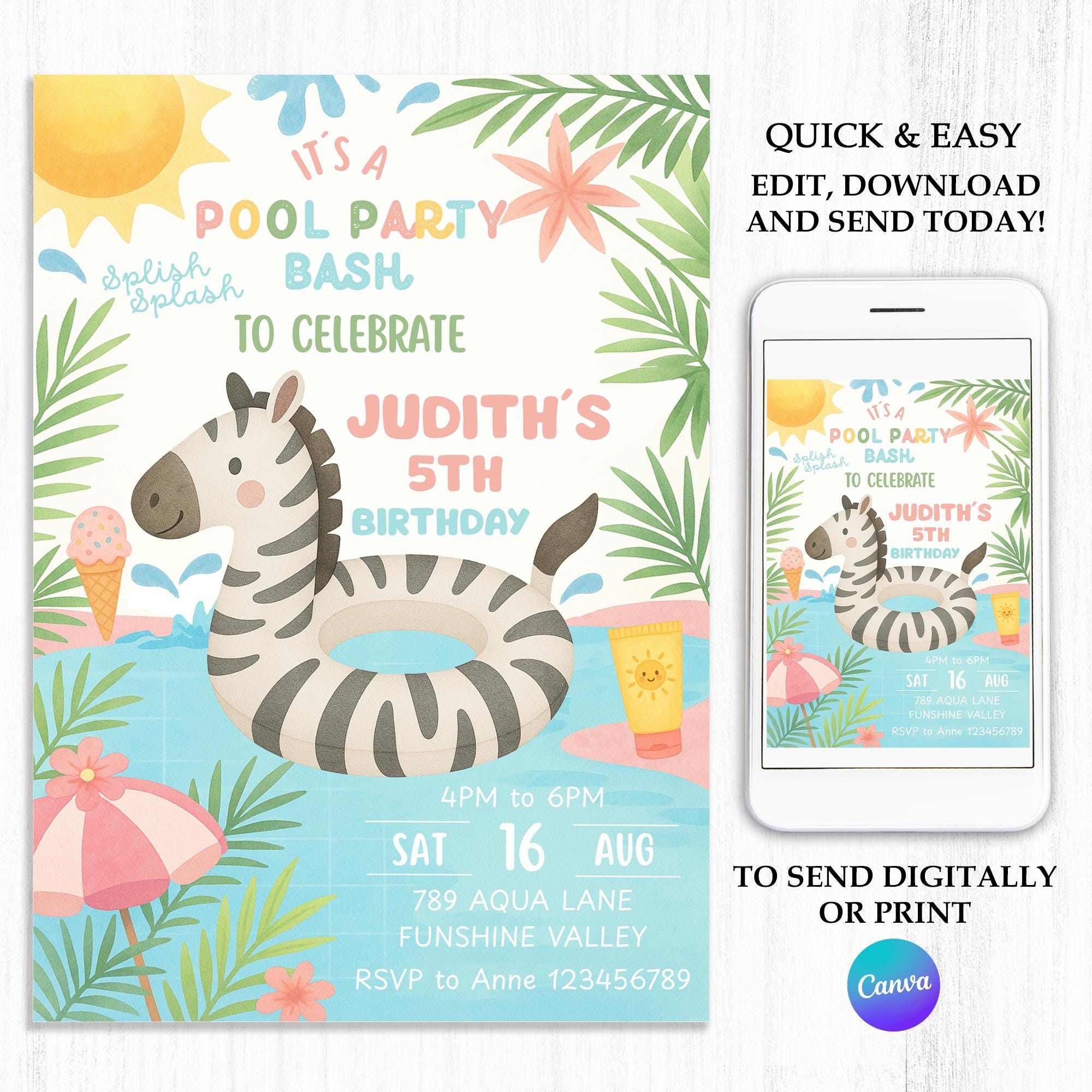 Pool Party Birthday Invitation, Zebra Pool Float Invite, Waterslide ...