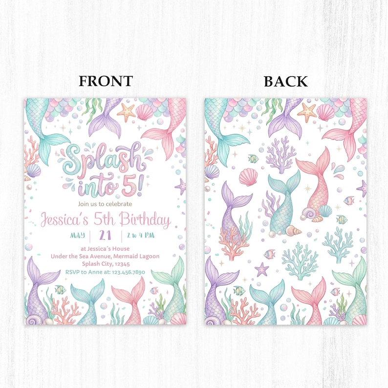 Mermaid 5th Birthday Invitation: Splash Into Five Girl Party Invite ...
