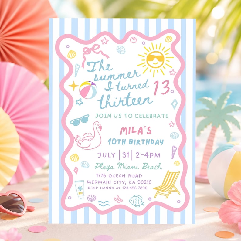 Summer 13th Birthday Invitation: Beach Coastal Girl Party Invite, Any ...