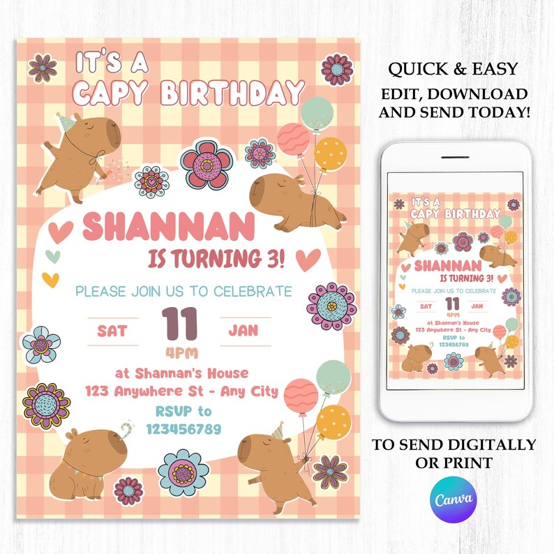 Capybara Birthday Invitation, Cute Floral Capybara Party Invite, Girl ...