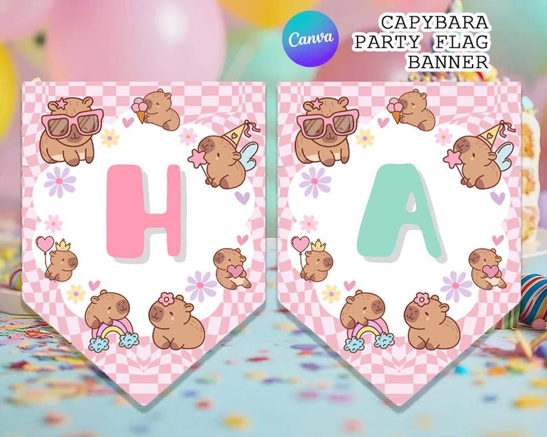 Capybara Party Flags, Cute Floral Pink Capybara Birthday Flag Banner ...