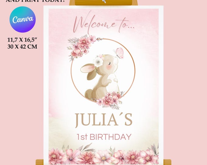 Bunny Welcome Sign, Floral Bunny Birthday Banner, 1st Birthday Bunny ...