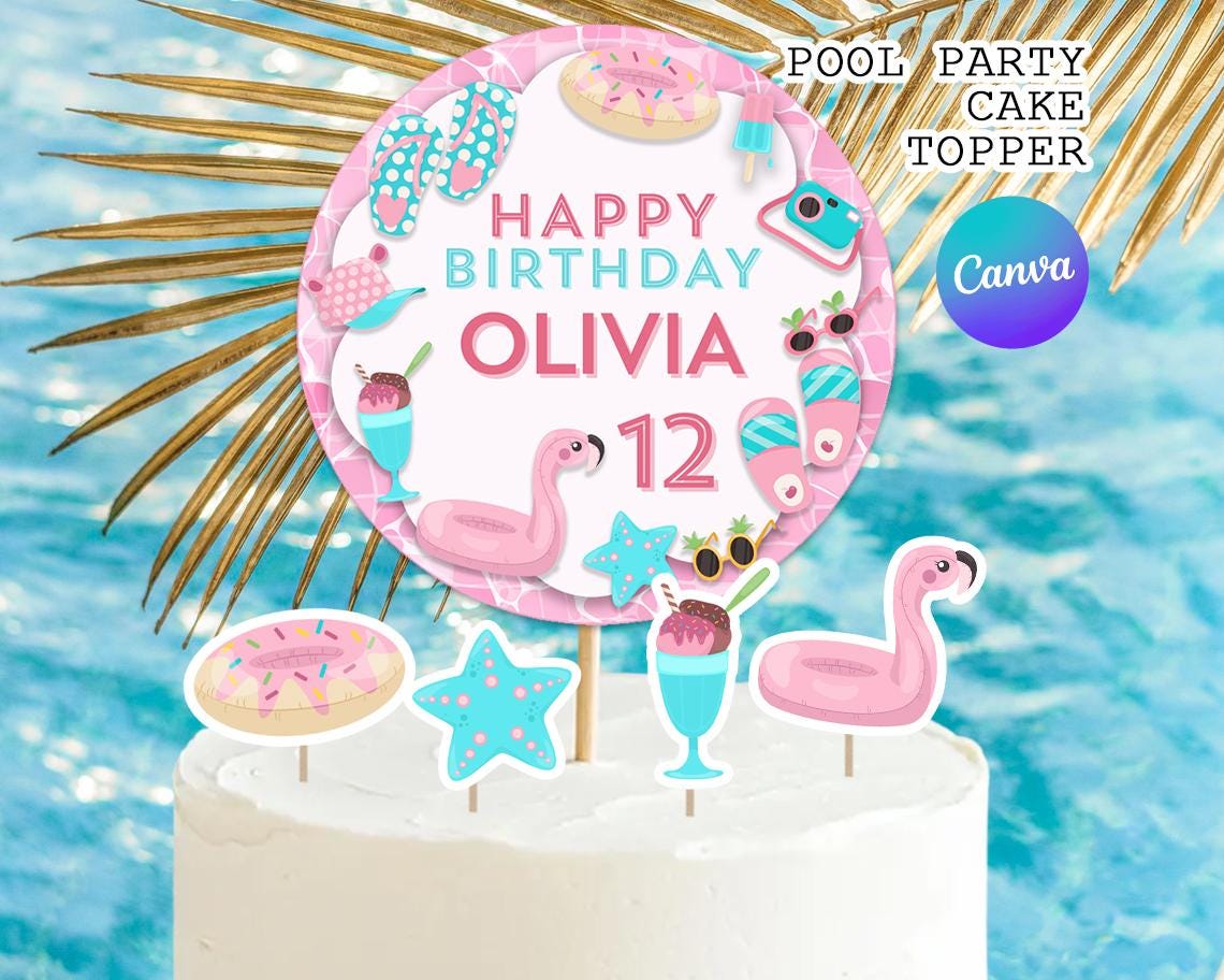Pink Pool Party Cake Topper, Pink Girls Swim Party Cake Decorations ...