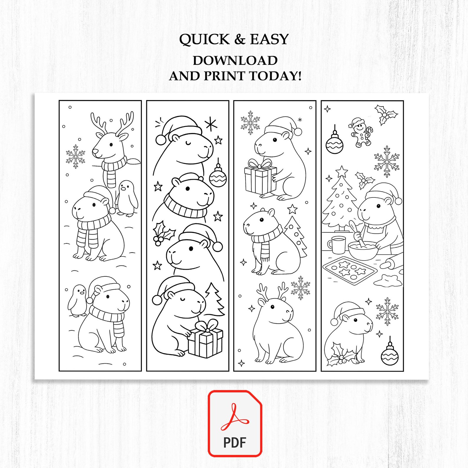 Printable Christmas Capybara Coloring Bookmarks, Christmas Color Your ...