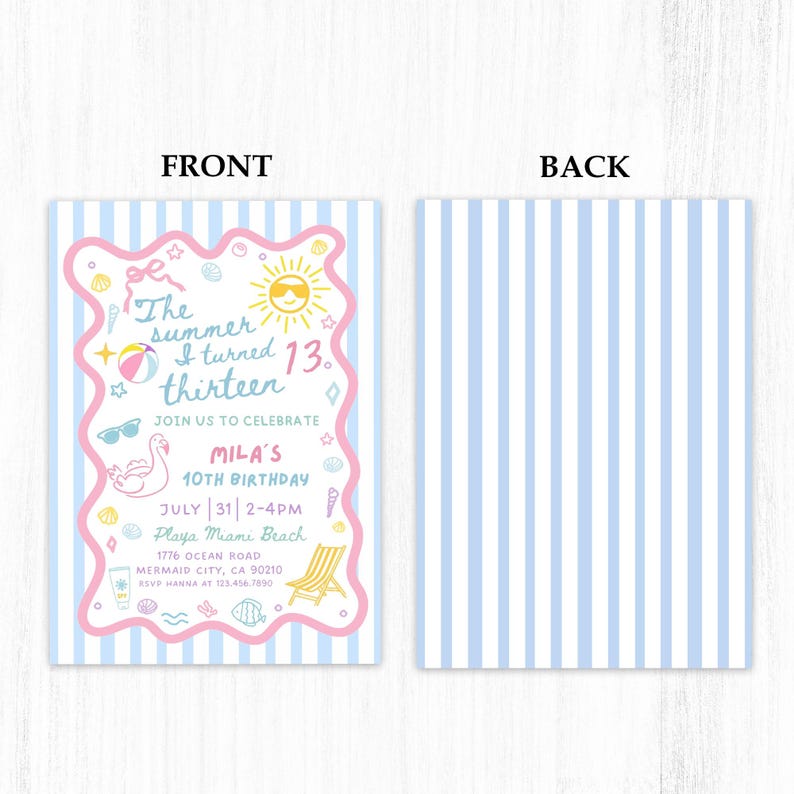 Summer 13th Birthday Invitation: Beach Coastal Girl Party Invite, Any ...