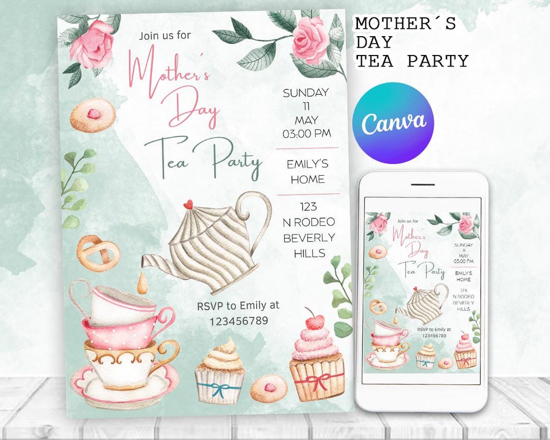 Mothers Day Tea Party Invitation, Watercolor Floral Afternoon Tea Party ...
