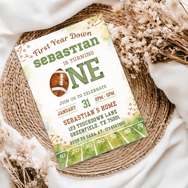 First Year Down Football Birthday Invitation: Sports 1st Party Invite ...