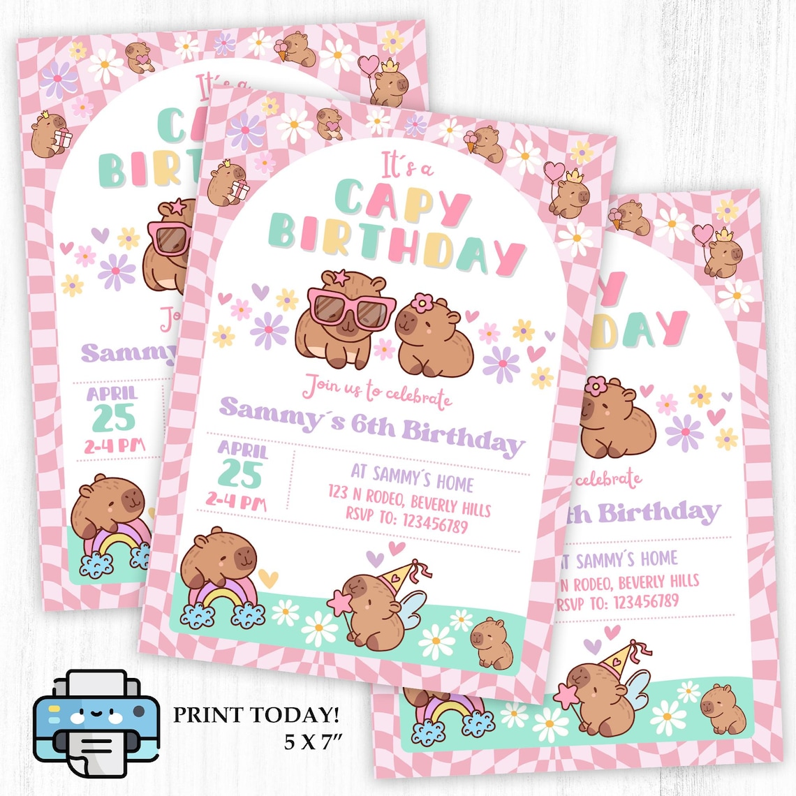 Capybara Birthday Invitation, Cute Floral Pink Girls Capybara Party ...