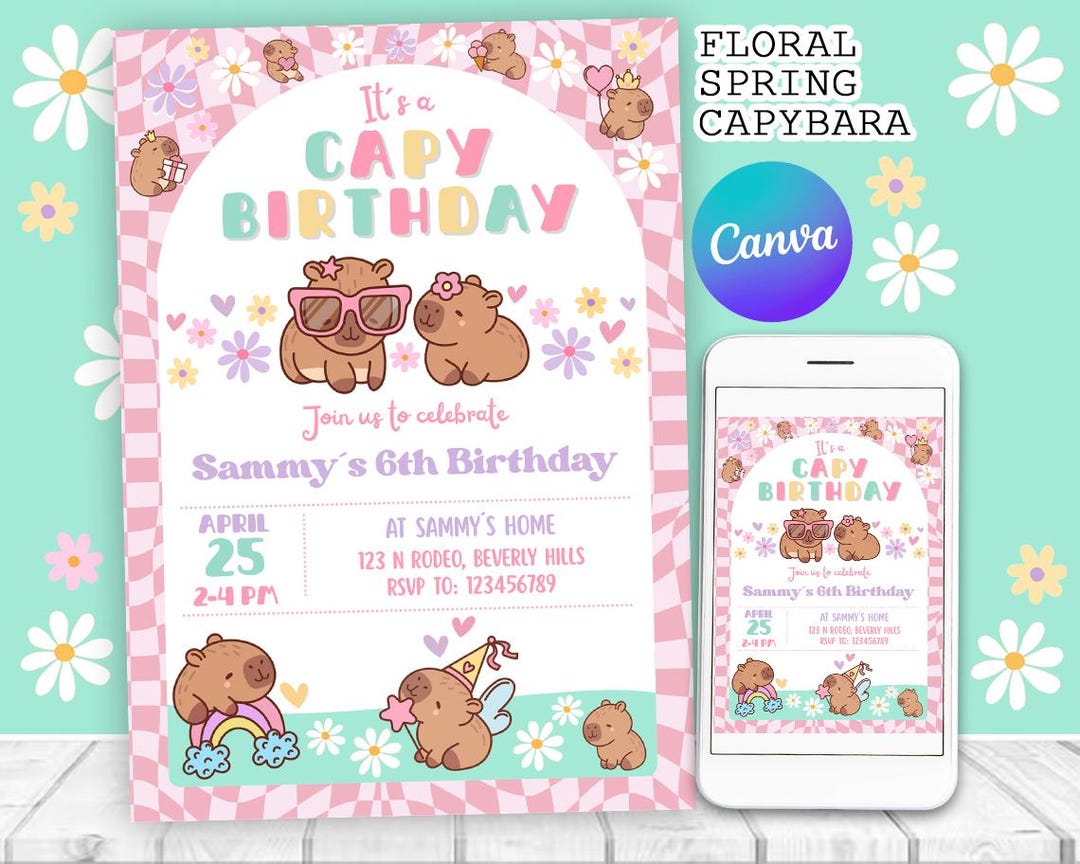Invitación de cumpleaños de capibara, linda invitación floral rosa para ...