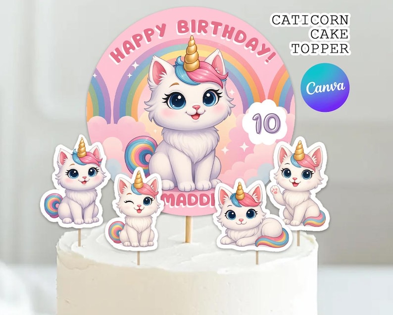Caticorn Cake Topper, Cat Unicorn Cake Decorations, Cute Rainbow Cat ...