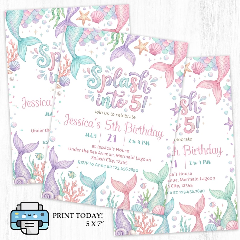 Mermaid 5th Birthday Invitation: Splash Into Five Girl Party Invite ...
