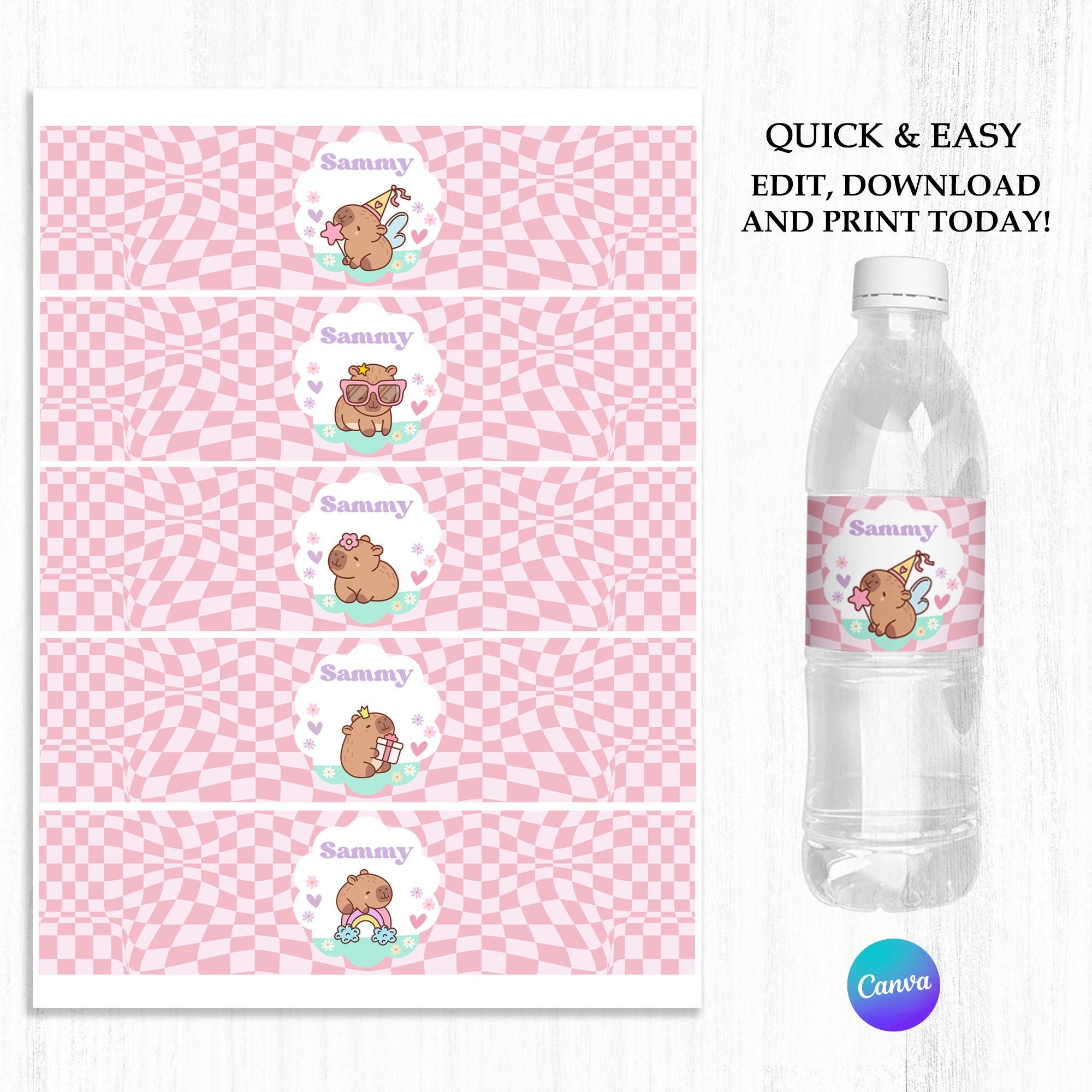 Capybara Water Bottle Labels, Cute Floral Pink Capybara Bottle Wrapper ...