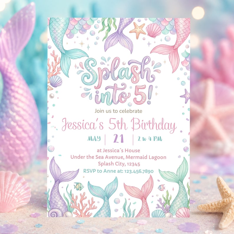 Mermaid 5th Birthday Invitation: Splash Into Five Girl Party Invite ...