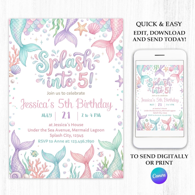 Mermaid 5th Birthday Invitation: Splash Into Five Girl Party Invite ...