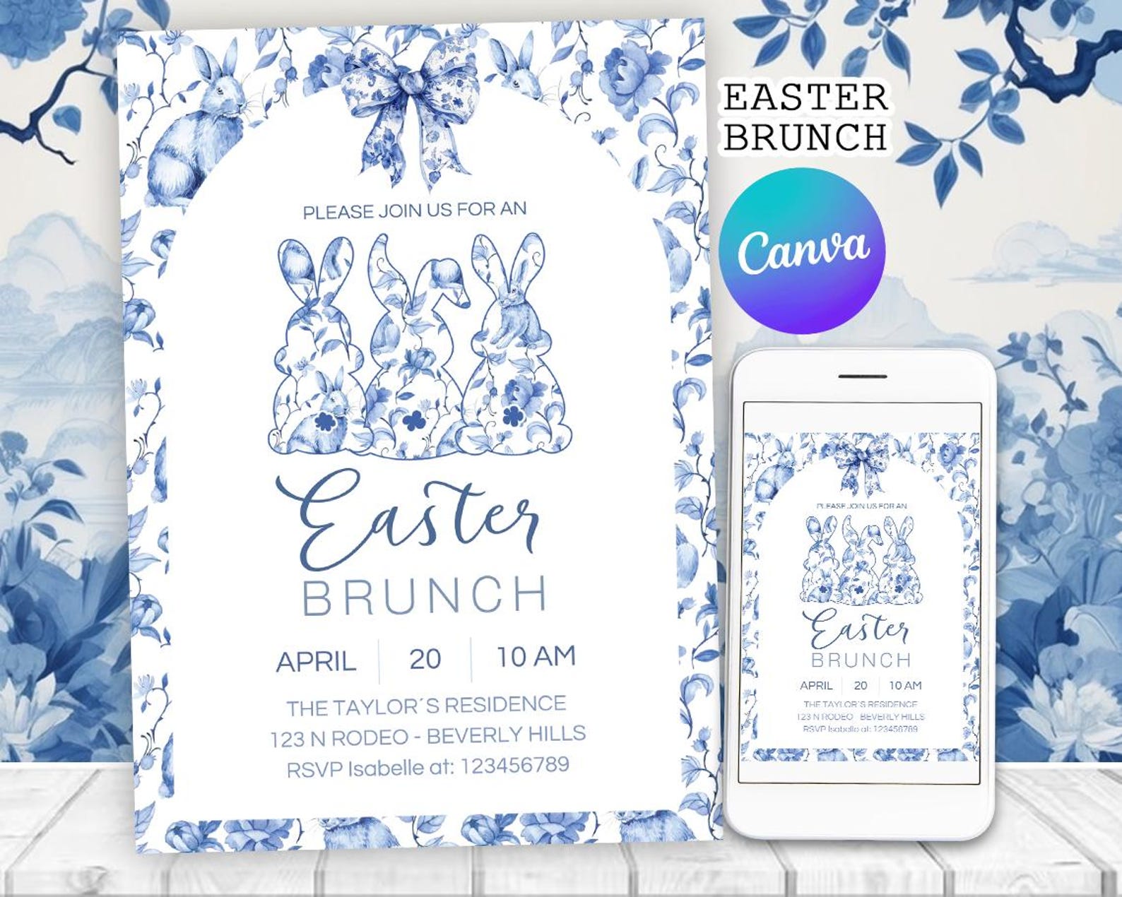 Easter Brunch Invitation, Blue Chinoiserie Bow Bunny Easter Dinner ...
