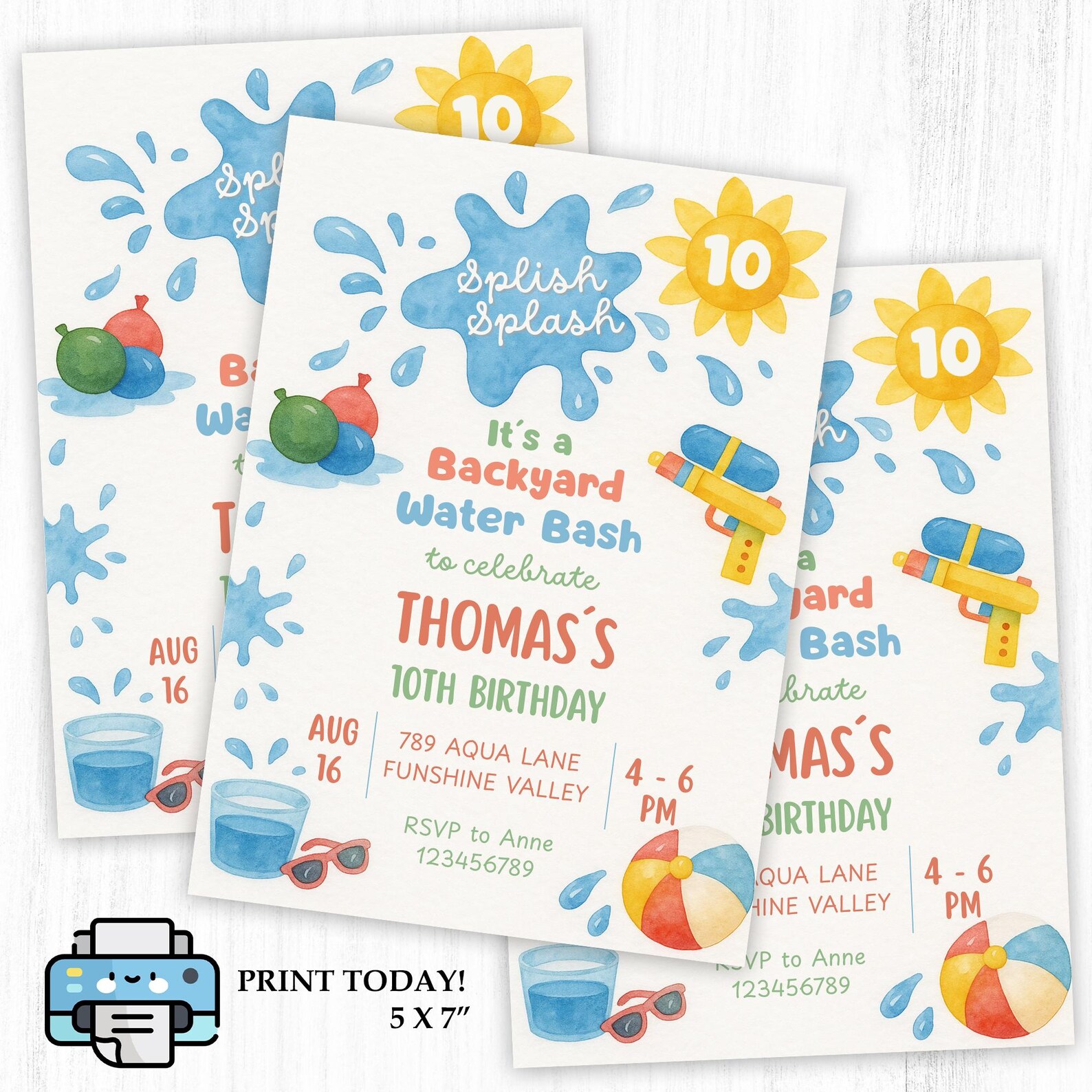 Water Gun Birthday Invitation, Boy Summer Water Splash Party Invite ...