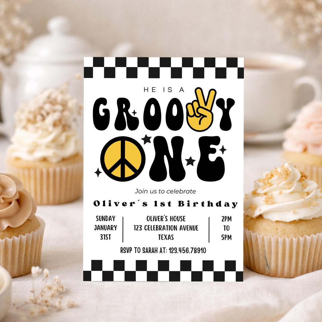 Groovy One 1st Birthday Invitation: Retro Checkered Boy Party Invite ...