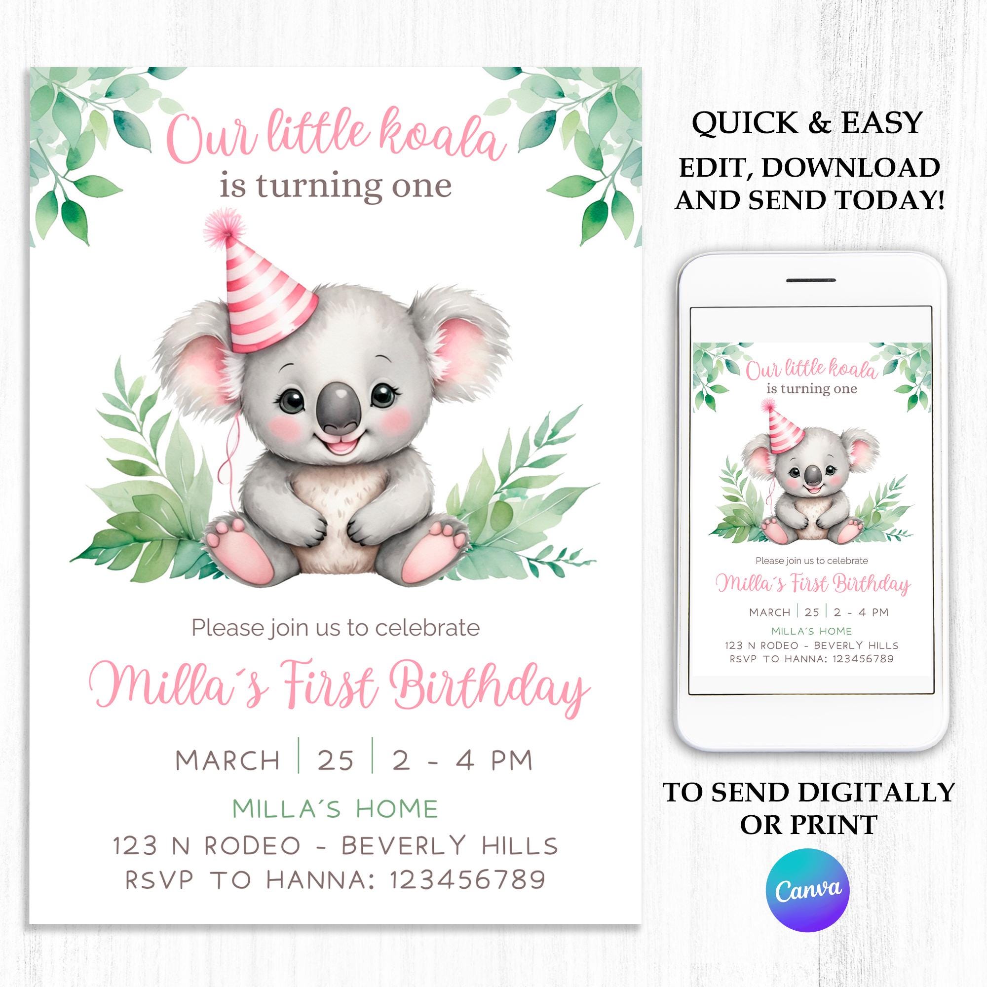 Koala Birthday Invitation, Pink Girl Watercolor Baby Koala Party Invite ...