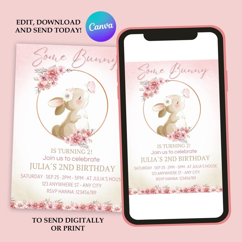 Bunny Birthday Invitation, Pink Girls Floral Coquette Bunny Party ...