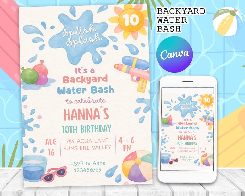 Water Gun Birthday Invitation, Girl Summer Splish Splash Party Invite ...