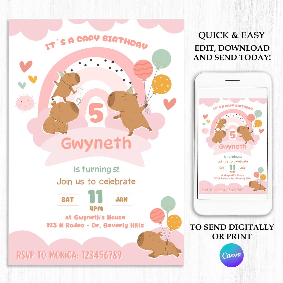 Capybara Birthday Invitation, Pink Girls Capybara Party Invite ...