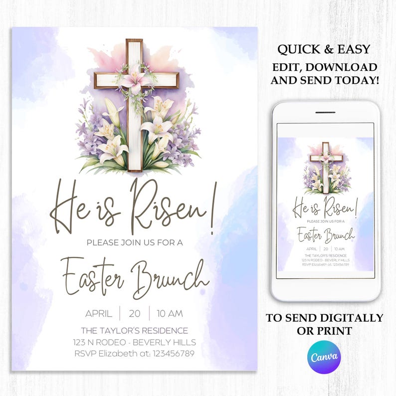 Easter Brunch Invitation, Watercolor Floral Cross Easter Invite ...