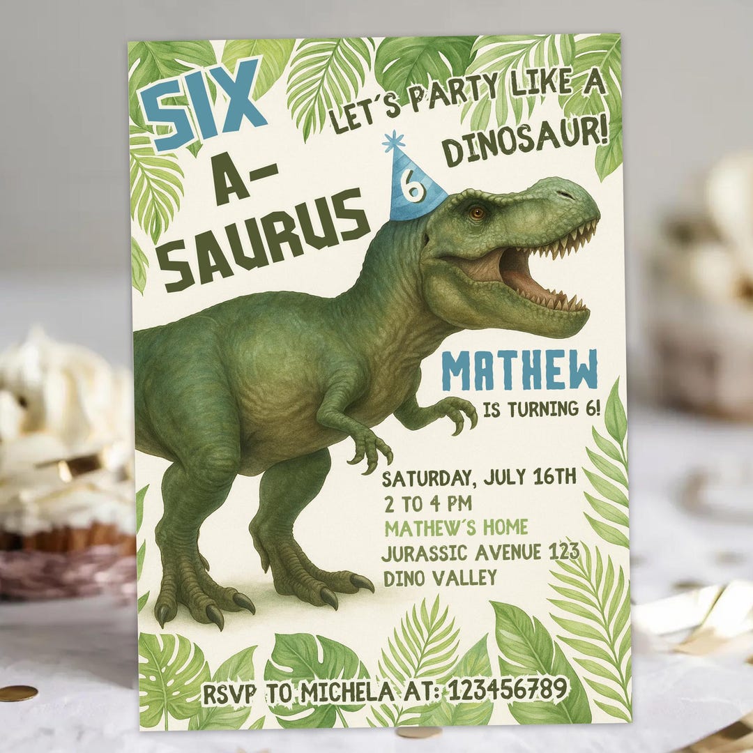 Six A Saurus Birthday Invitation: Trex Dinosaur 6th Party Invite, Any ...