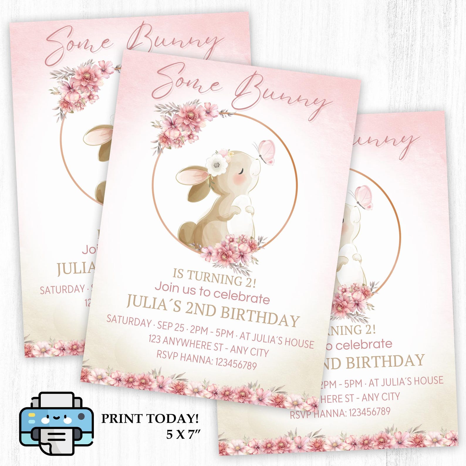 Bunny Birthday Invitation, Pink Girls Floral Coquette Bunny Party ...