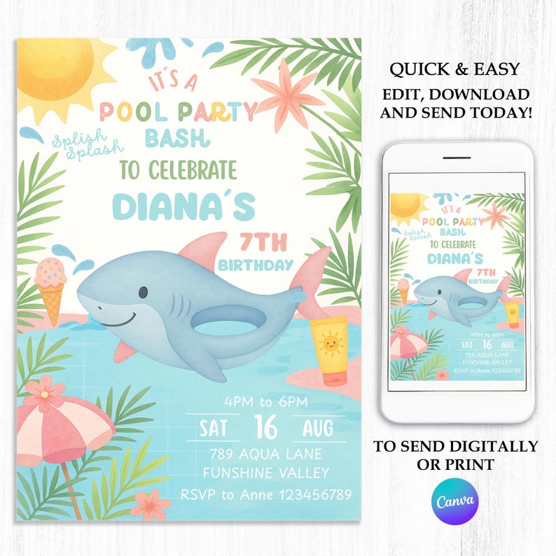Swim Party Invitations, Shark Pool Float Invite, Shark Pool Party ...