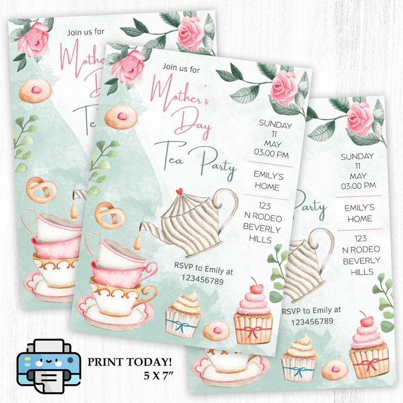 Mothers Day Tea Party Invitation, Watercolor Floral Afternoon Tea Party ...