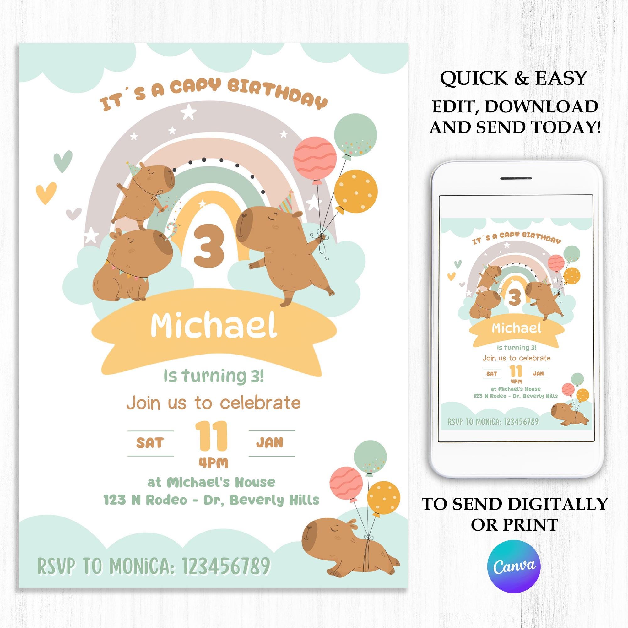 Capybara Birthday Invitation, Cute Boy Capybara Party Invite, Capybara ...