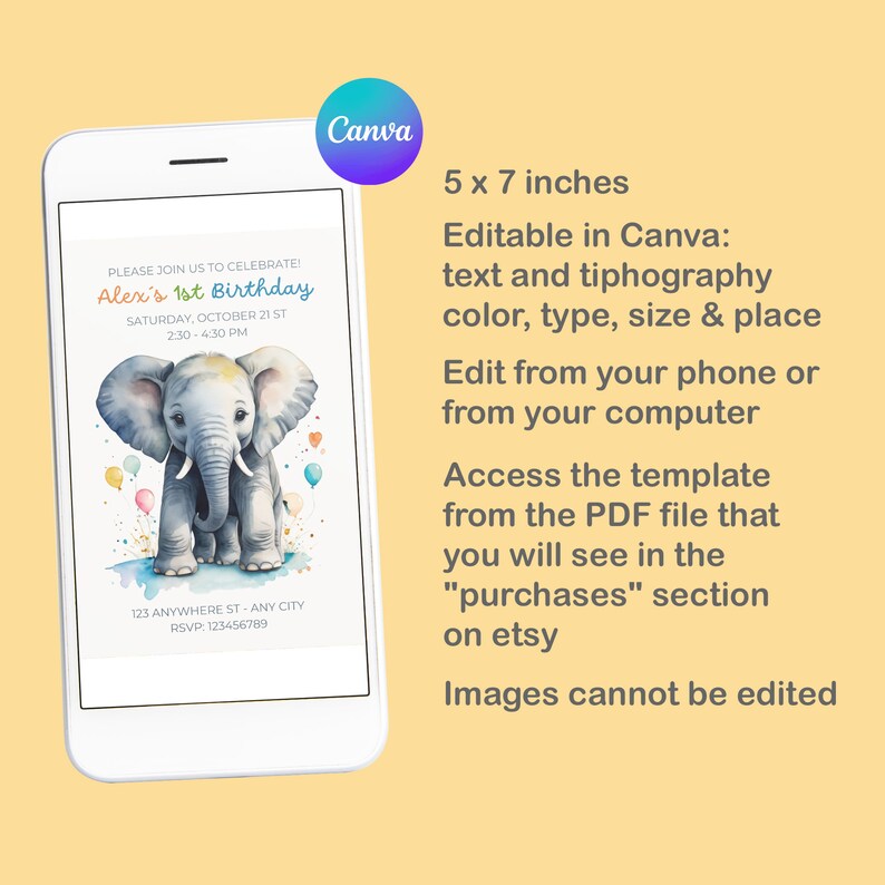 Printable Editable Elephant Birthday Invitation, Birthday Party Invite ...