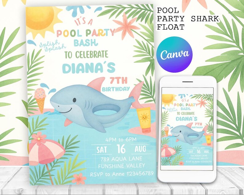 Swim Party Invitations, Shark Pool Float Invite, Shark Pool Party ...