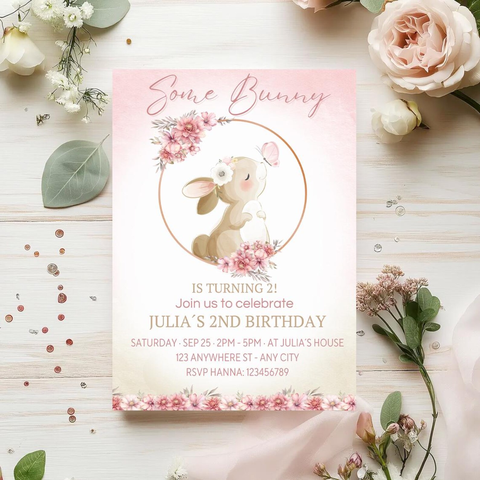 Bunny Birthday Invitation, Pink Girls Floral Coquette Bunny Party ...